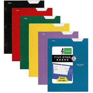 five star 4 pocket folders, 6 pack, paper folders, fits 3-ring binders, holds 8-1/2" x 11" paper, writable label, tidewater blue, harvest yellow, amethyst purple, forest green, fire red, black (38056)