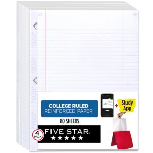 five star loose leaf paper + study app, 4 pack, notebook paper, college ruled filler paper, reinforced, 8.5 x 11, 80 sheets per pack (170024-ecm),white