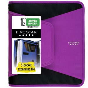 five star zipper binder, 1-1/2 inch 3-ring binder for school, 3 pocket expanding file, 500 sheet capacity, purple (72532)