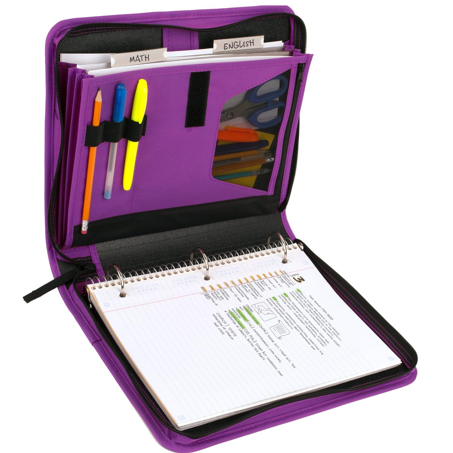 Five Star Zipper Binder, 1-1/2 Inch 3-Ring Binder for School, 3 Pocket Expanding File, 500 Sheet Capacity, Purple (72532)