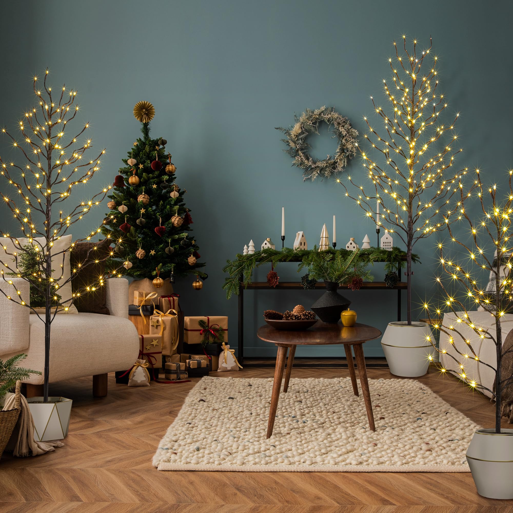 Lightshare Set of 3 Star Light Trees, Including 3 feet, 5 feet, and 6 feet, Warm White, Brown Branch