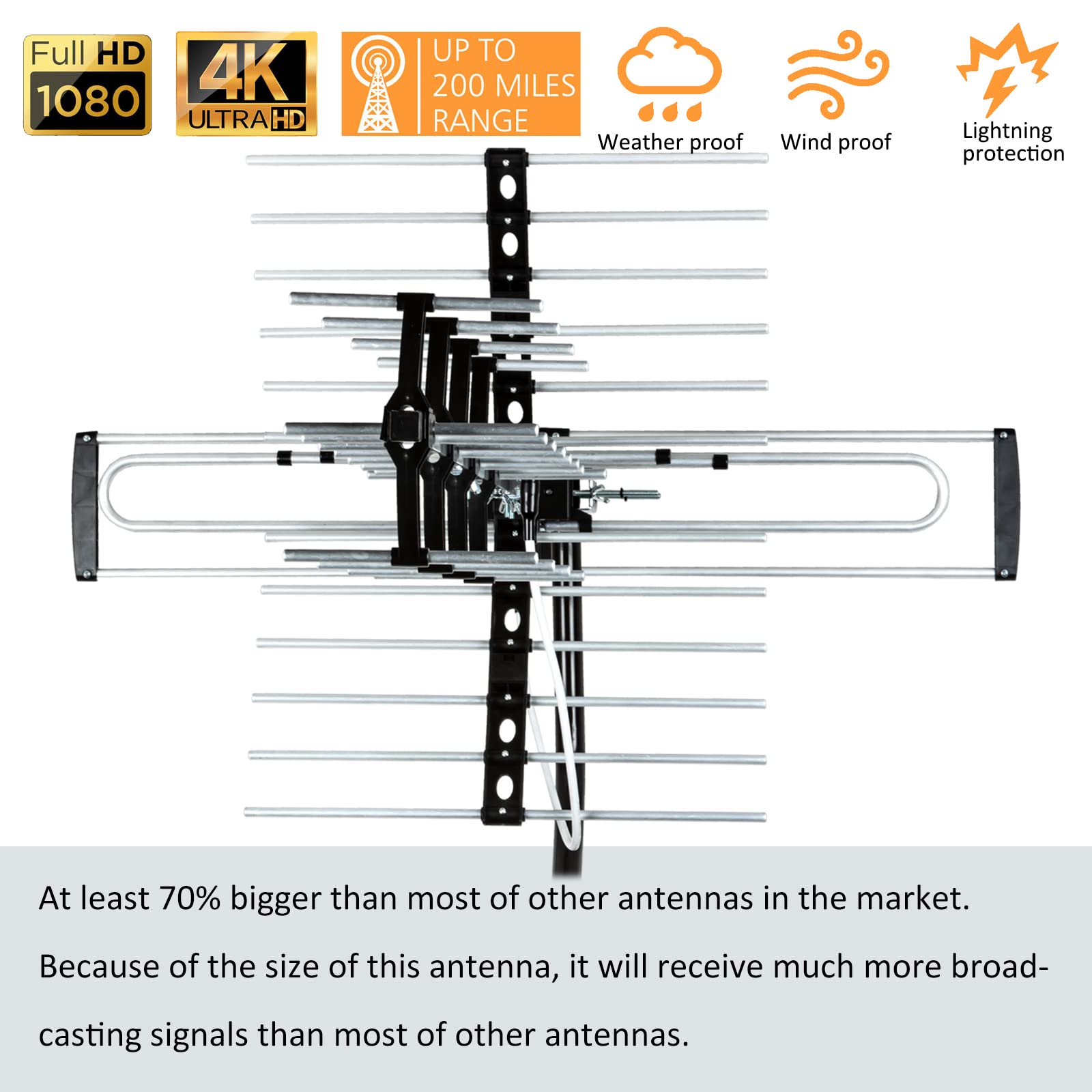 Five Star Outdoor HDTV Antenna up to 200 Mile Long Range, Attic or Roof Mount TV Antenna, Long Range Digital OTA Antenna，ATSC 3.0 Ready for 4K 1080P VHF UHF with Mounting Pole