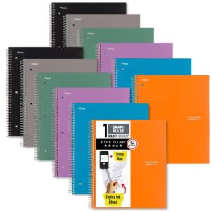 five star spiral notebooks + study app, 12 pack, 1 subject, graph ruled paper, 8-1/2" x 11", 100 sheets, purple, orange, green, blue, gray, black (38630)