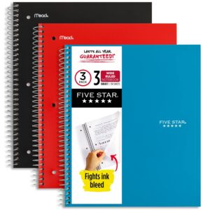 five star spiral notebooks, 3 pack, 3 subject, wide ruled paper, 10 1/2" x 8", blue, red, & black (930081)