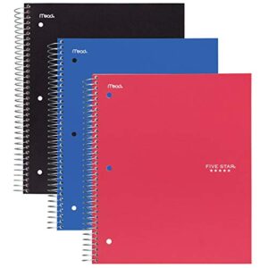 five star spiral notebooks, 1 subject, wide ruled paper, 100 sheets, 10-1/2" x 8", red, black, blue, 3 pack (73059)