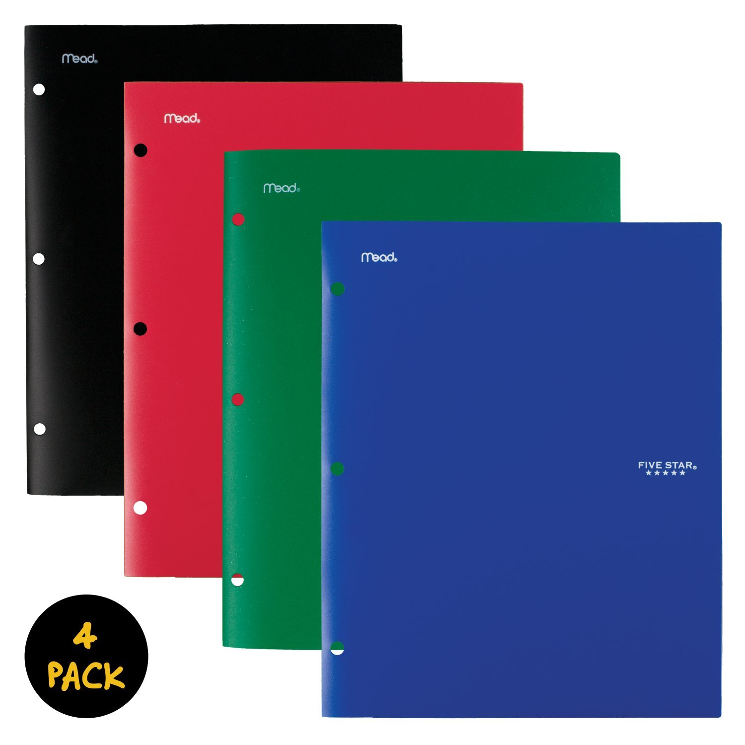 Five Star 4 Pocket Folders, Plastic, Folders with Pockets, Black, Blue, Red, Green, 4 Pack (38083)