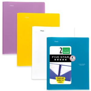 five star 2 pocket folders, 4 pack, plastic folders with prong fasteners, holds 11” x 8-1/2”, tidewater blue, white, amethyst purple, harvest yellow (38136)