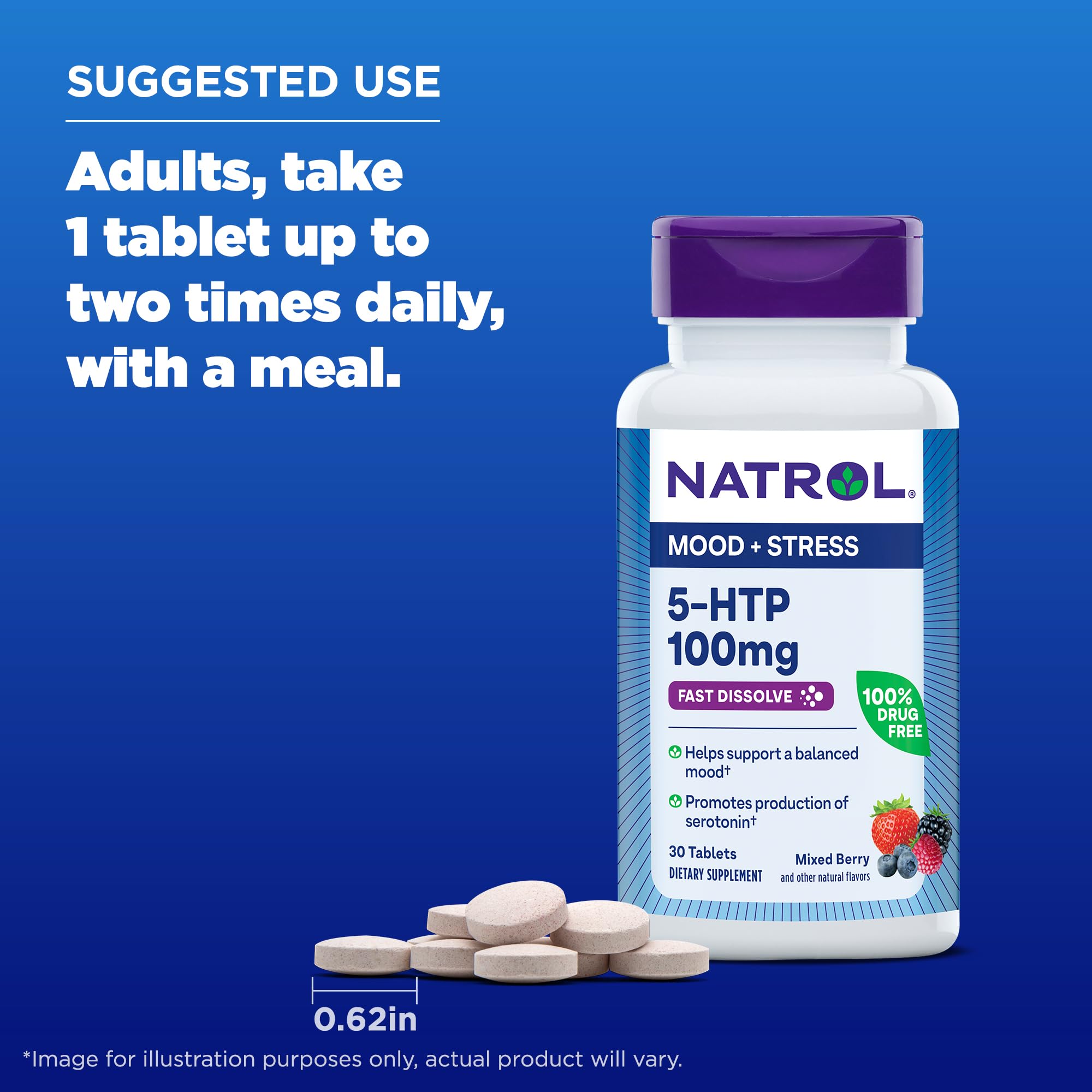 Natrol 5-HTP 100mg, Drug-Free Dietary Supplement Helps Support Balanced Mood, 30 Mixed Berry-Flavored Fast Dissolve Tablets, 15-30 Day Supply