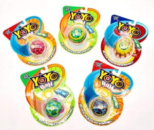 yoyo ball party pack of 5, as seen on tv, assorted colors and patterns, automatically returns to you - never needs rewinding, instructions included - learn to create tricks