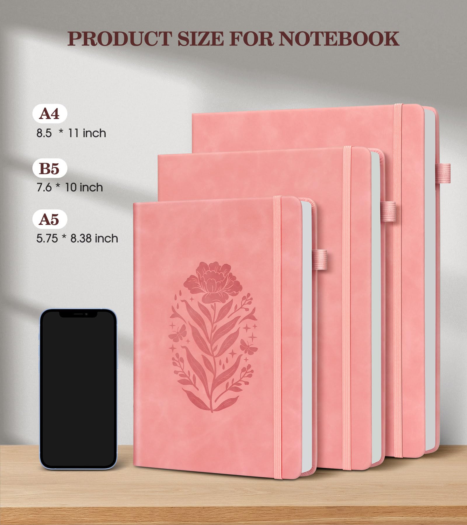 Lined Journal Notebook for Women, A5 Pink Hardcover Leather Journals for Writing, 200 Pages Thick Travel Daily Journal, College Ruled Notebook for Work School, Note Taking, Business 5.75'' X 8.38''