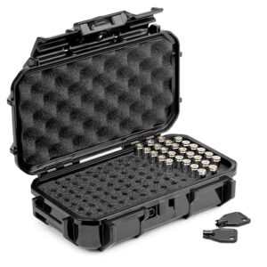 evergreen 100 pistol round bullet locking storage case - travel safe/mil spec/waterproof/usa made - for .380 acp, 9mm.40 s&w.45 acp, 10mm, 5.7 fn.38 spl.357 mag (56 black)