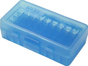 mtm 380/9mm cal 50 round flip-top ammo box, clear blue