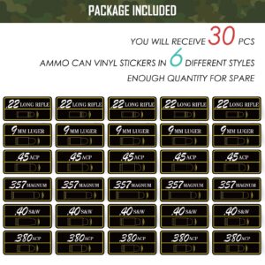 Aolamegs Pistol Ammo Can Sticker Set - .22 LR .45 AUTO 9MM Luger .357 Mag .40 S&W .380 AUTO Ammo Caliber Sticker, Black Bullet Pattern Vinyl Decal Ammo Can Labels for Box Case（6 Varieties/30 Pack)