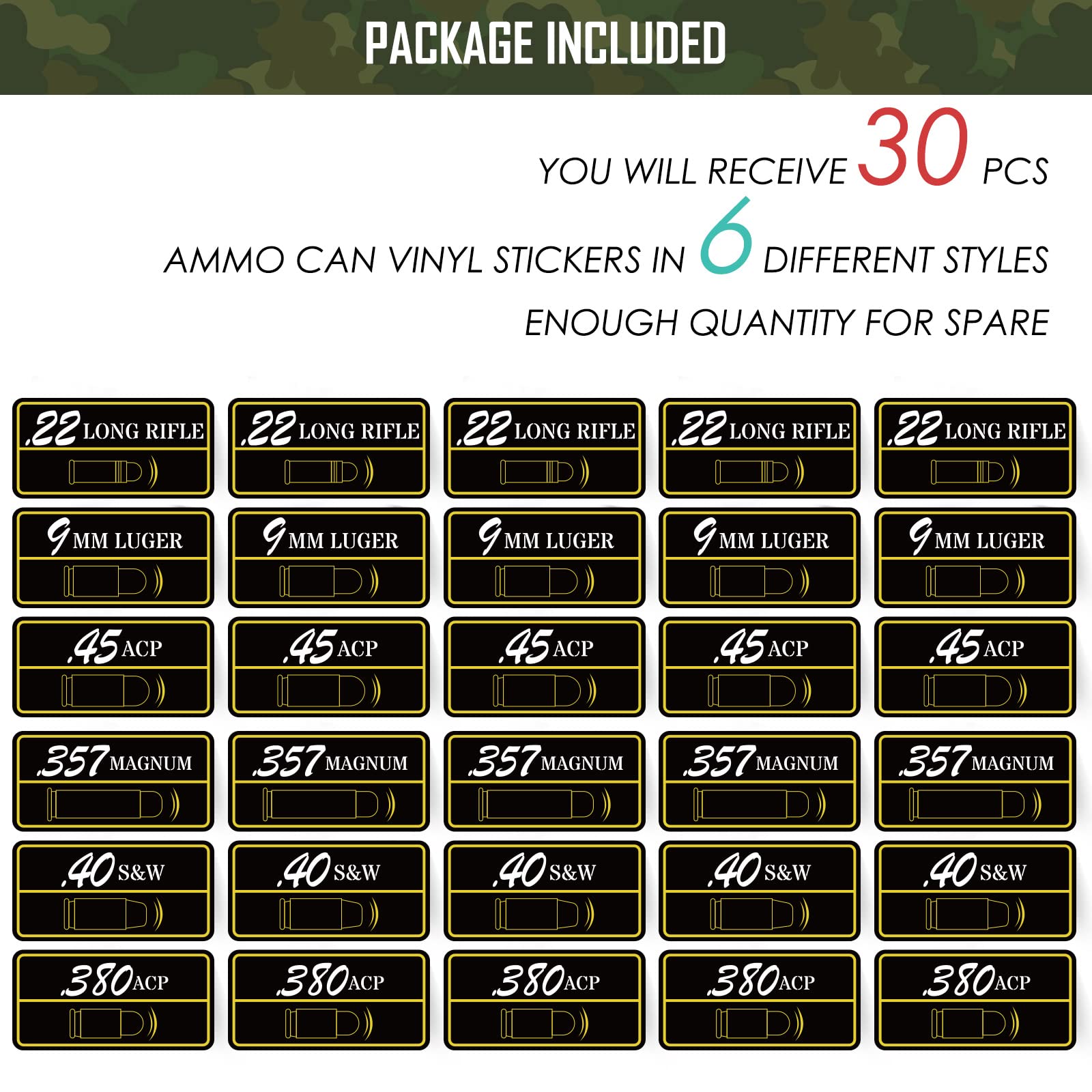 Aolamegs Pistol Ammo Can Sticker Set - .22 LR .45 AUTO 9MM Luger .357 Mag .40 S&W .380 AUTO Ammo Caliber Sticker, Black Bullet Pattern Vinyl Decal Ammo Can Labels for Box Case（6 Varieties/30 Pack)