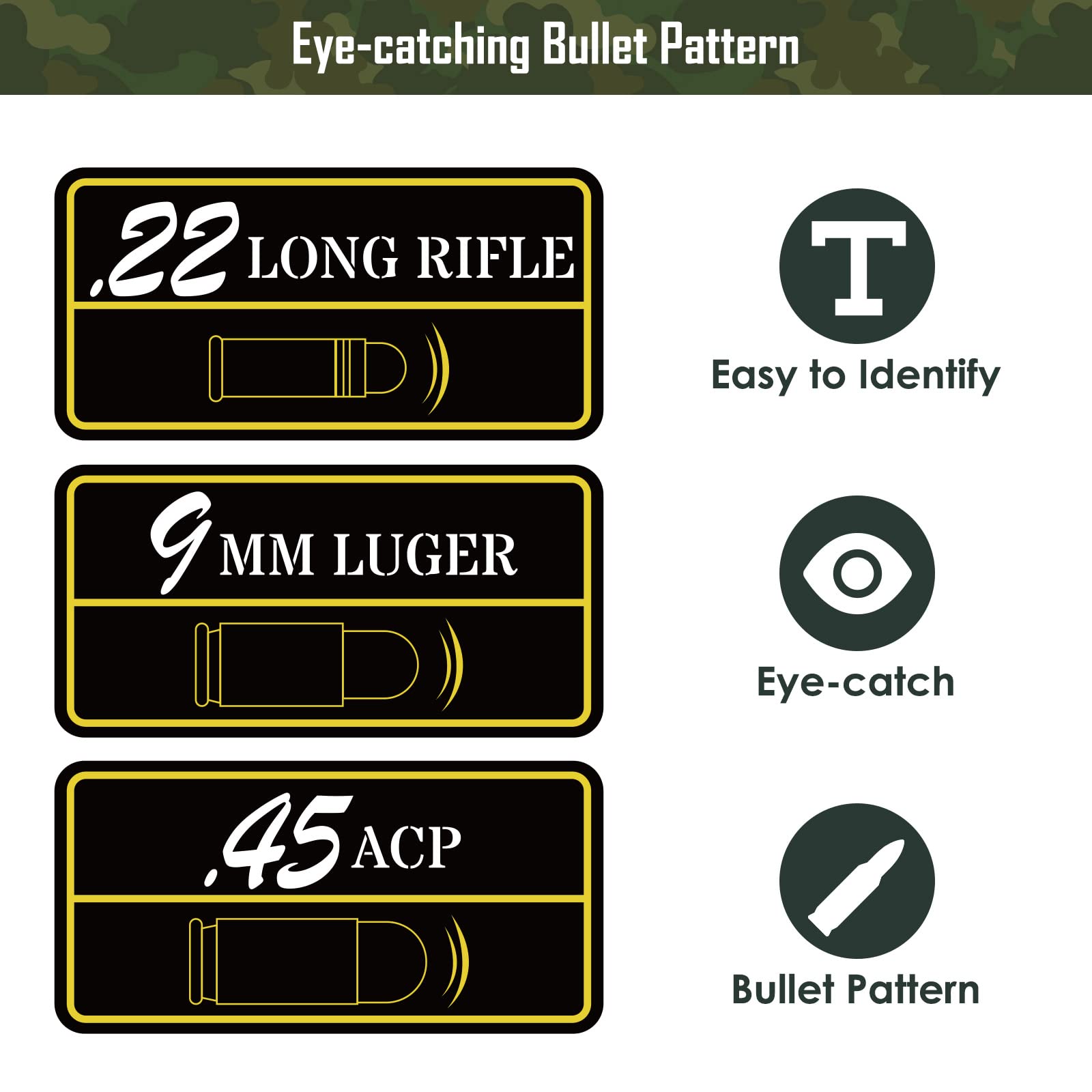 Aolamegs Pistol Ammo Can Sticker Set - .22 LR .45 AUTO 9MM Luger .357 Mag .40 S&W .380 AUTO Ammo Caliber Sticker, Black Bullet Pattern Vinyl Decal Ammo Can Labels for Box Case（6 Varieties/30 Pack)