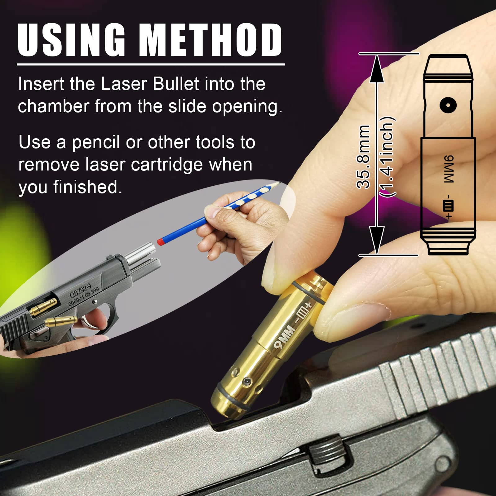 Angeebin Laser Training Cartridge for 45ACP,40S&W,380ACP,9MM Suitable for Dry Fire Training and Boresighting Sight, Red Laser Bullet with Spare Accessories (9mm)