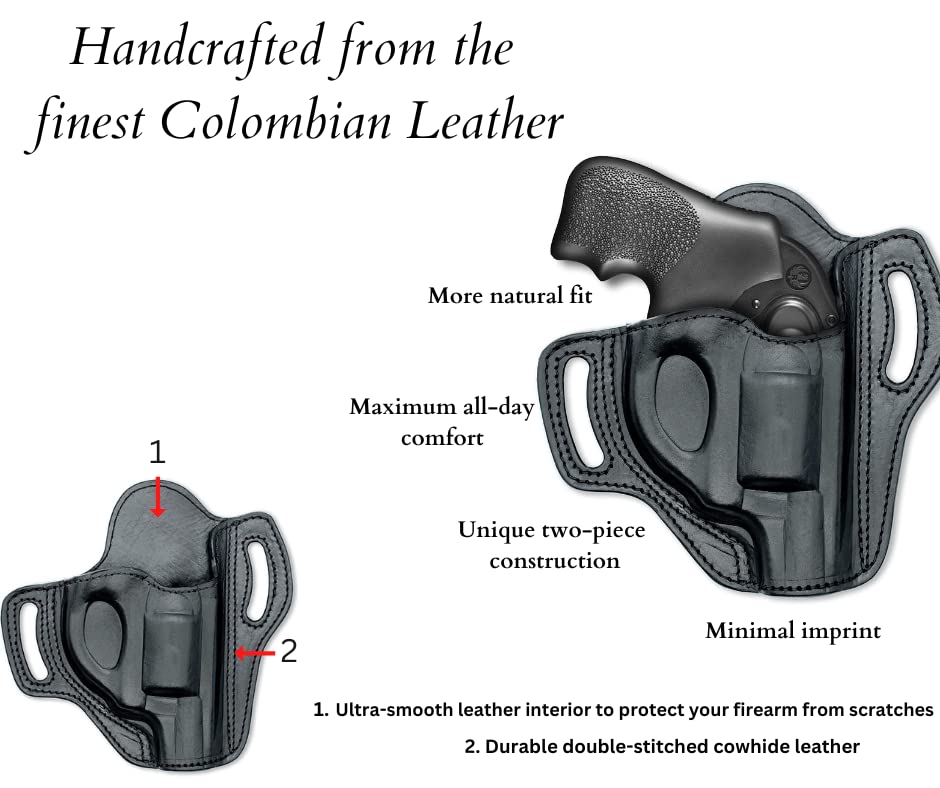 Cardini Leather OWB Leather Holster for S&W J Frame, for Ruger LCR and SP101, and Other 38 Special Snub Nose Revolver up to 2.25" Barrel- Midnight Black Right Hand