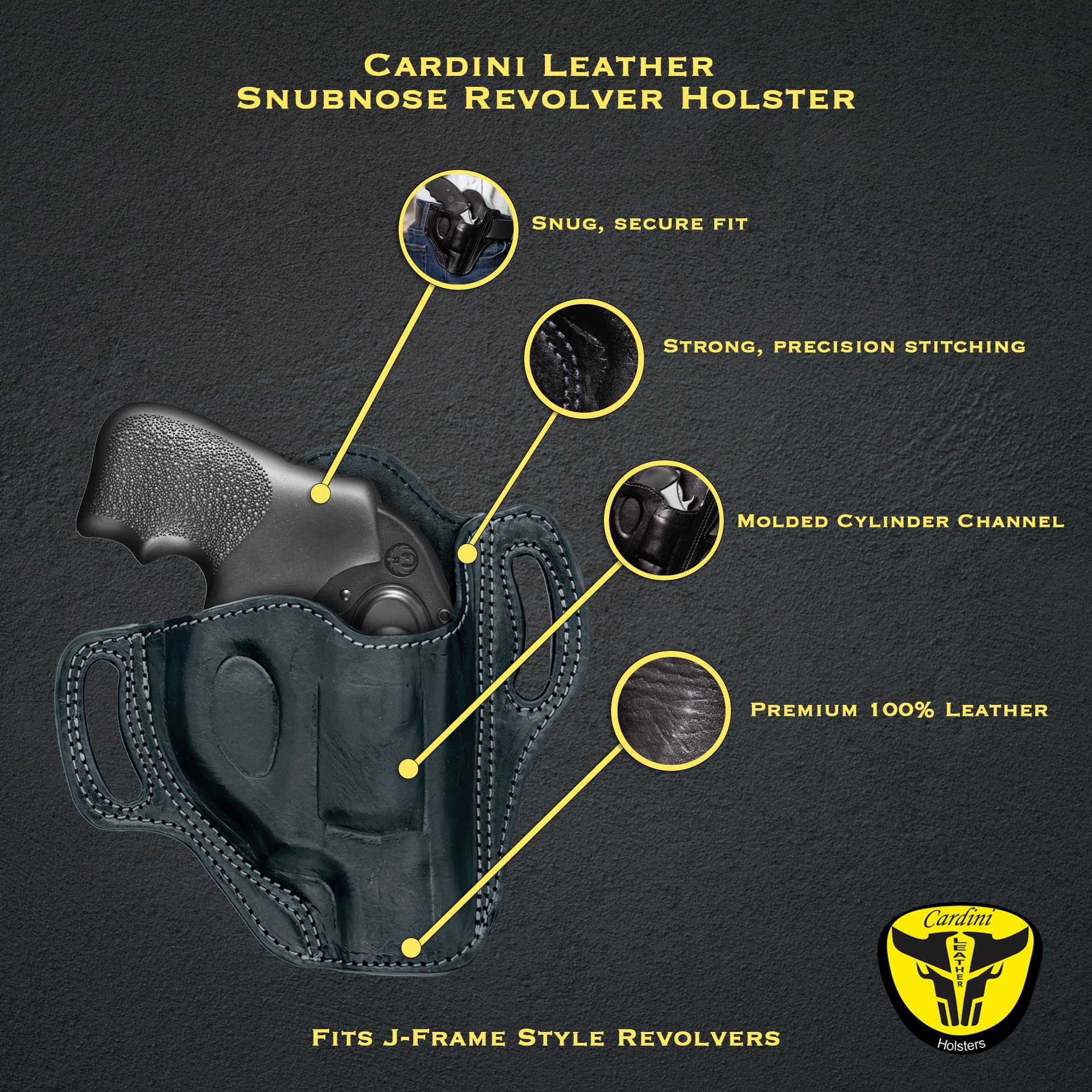 Cardini Leather OWB Leather Holster for S&W J Frame, for Ruger LCR and SP101, and Other 38 Special Snub Nose Revolver up to 2.25" Barrel- Midnight Black Right Hand