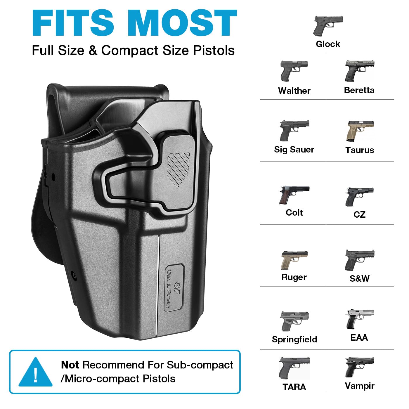 Universal OWB Holster for Sig/CZ/Springfield Armory/Beretta/S&W/1911/Taurus/Canik/FN/Walther/Browning,Fits 100+ Pistols for Full&Compact Size Pistols,Index Finger Release, Adjustable Paddle Black