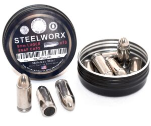 steelworx 9mm stainless steel snap caps/dry fire training rounds (10x silver)