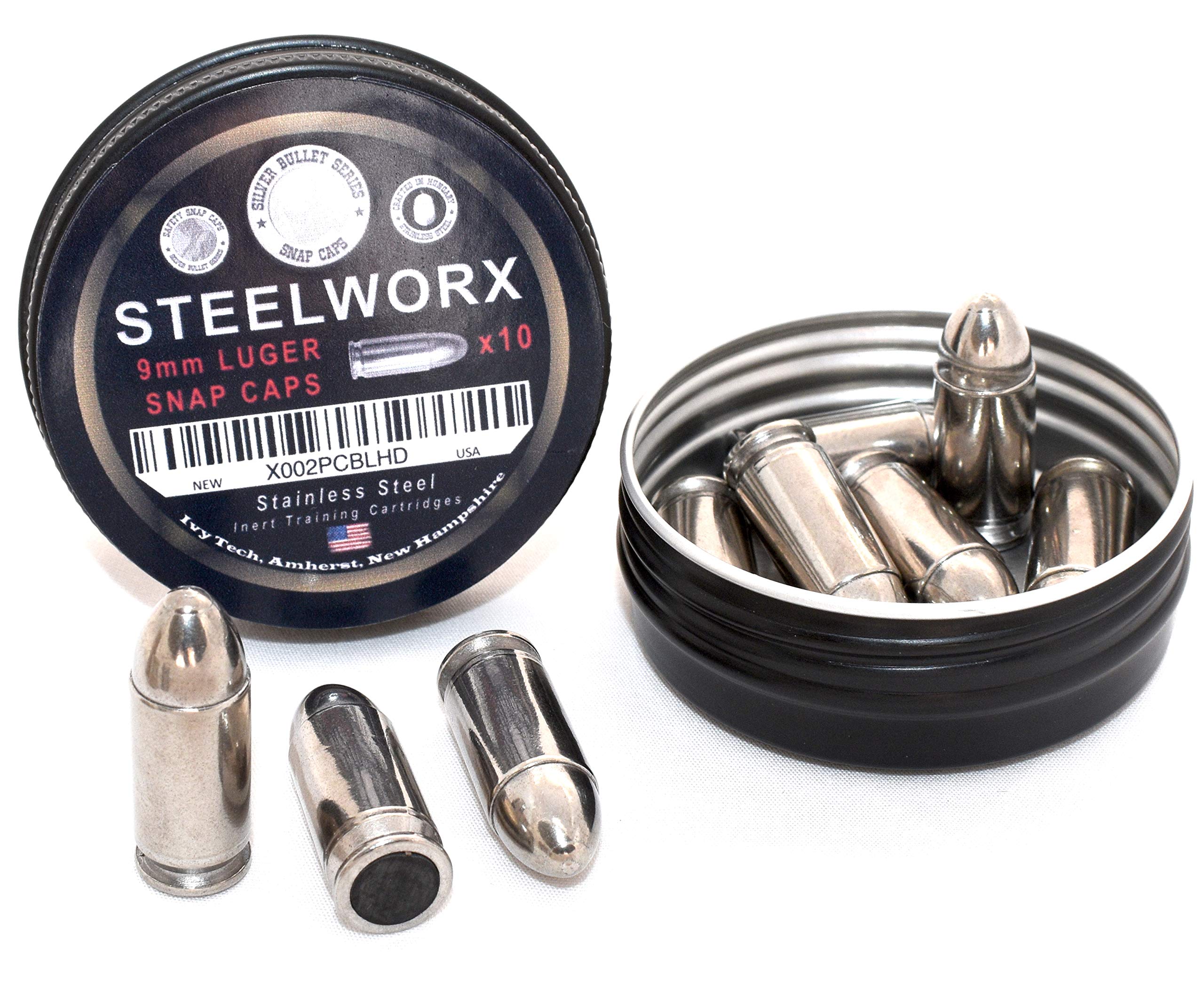 Steelworx 9mm Stainless Steel Snap Caps/Dry Fire Training Rounds (10x Silver)