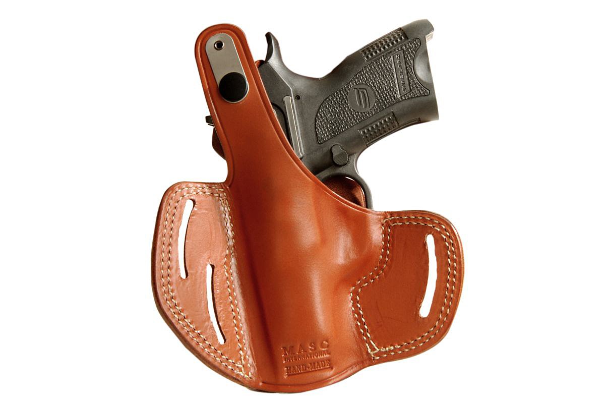 Premium Leather Three Slot Pancake OWB Holster with Thumb Break Fits, Eaa Witness Pavona Compact Semi Auto Pistol 9mm Luger 3.6" BBL, Right Hand Draw, Brown Color