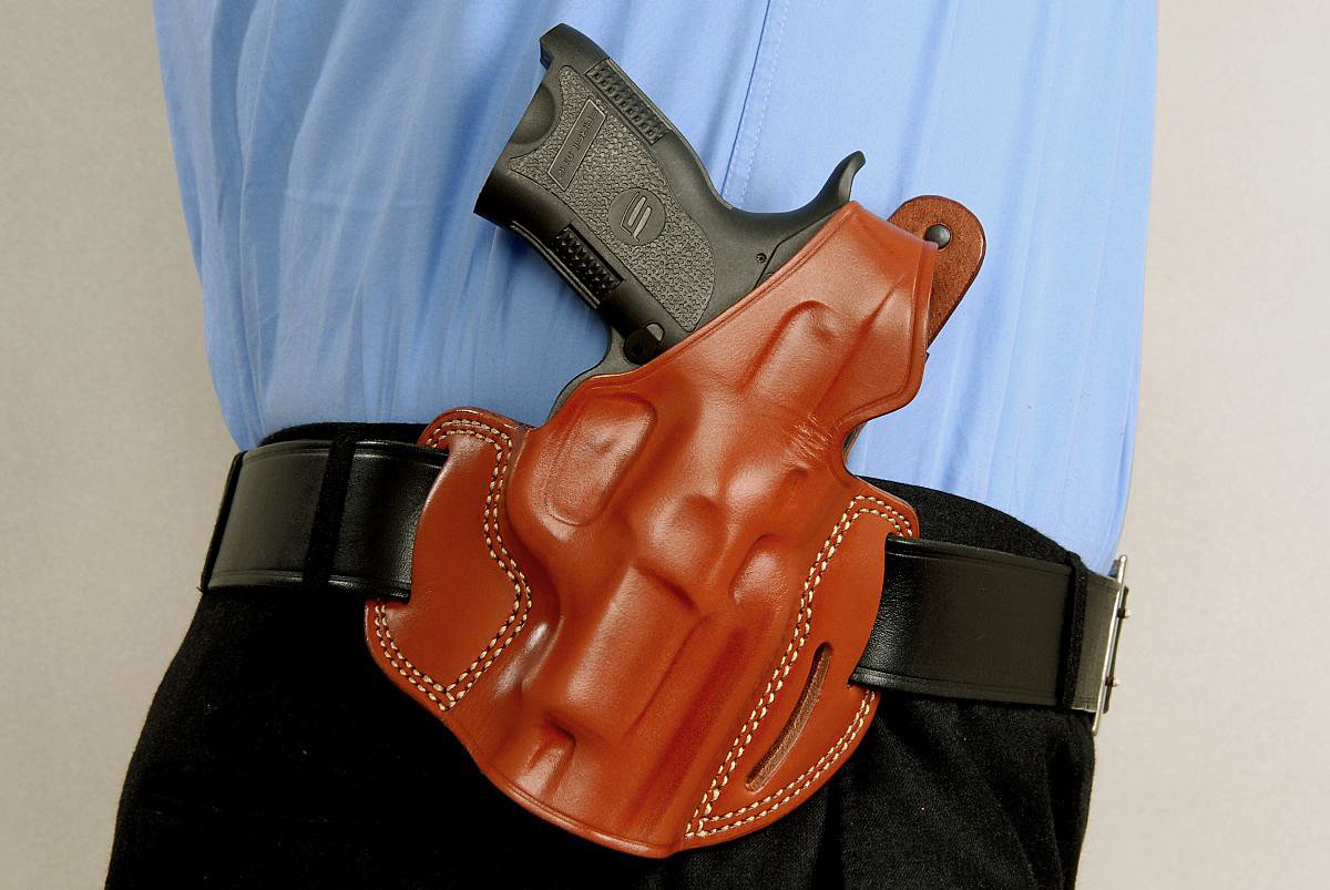 Premium Leather Three Slot Pancake OWB Holster with Thumb Break Fits, Eaa Witness Pavona Compact Semi Auto Pistol 9mm Luger 3.6" BBL, Right Hand Draw, Brown Color