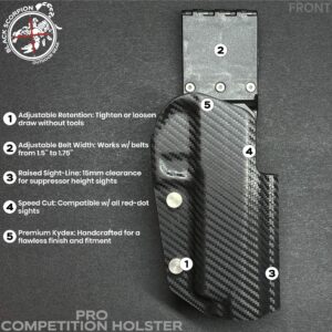 Black Scorpion Outdoor Gear Pro Competition Holster OWB Kydex fits Smith and Wesson MP9, MP40 M2.0 5'' 3GUN, IPSC, USPSA Approved, Adjustable in All Angles and Retention (Carbon Fiber)