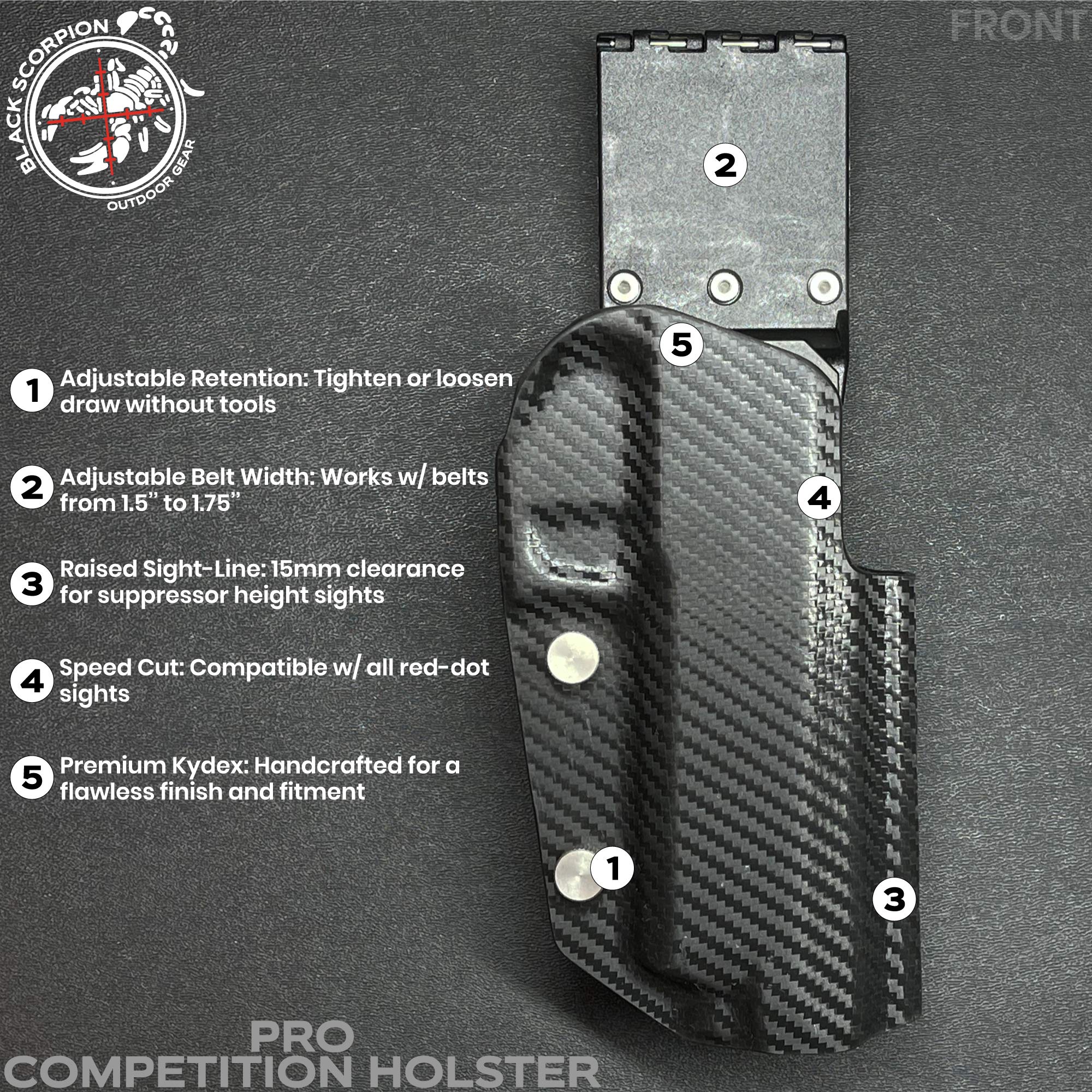 Black Scorpion Outdoor Gear Pro Competition Holster OWB Kydex fits Smith and Wesson MP9, MP40 M2.0 5'' 3GUN, IPSC, USPSA Approved, Adjustable in All Angles and Retention (Carbon Fiber)