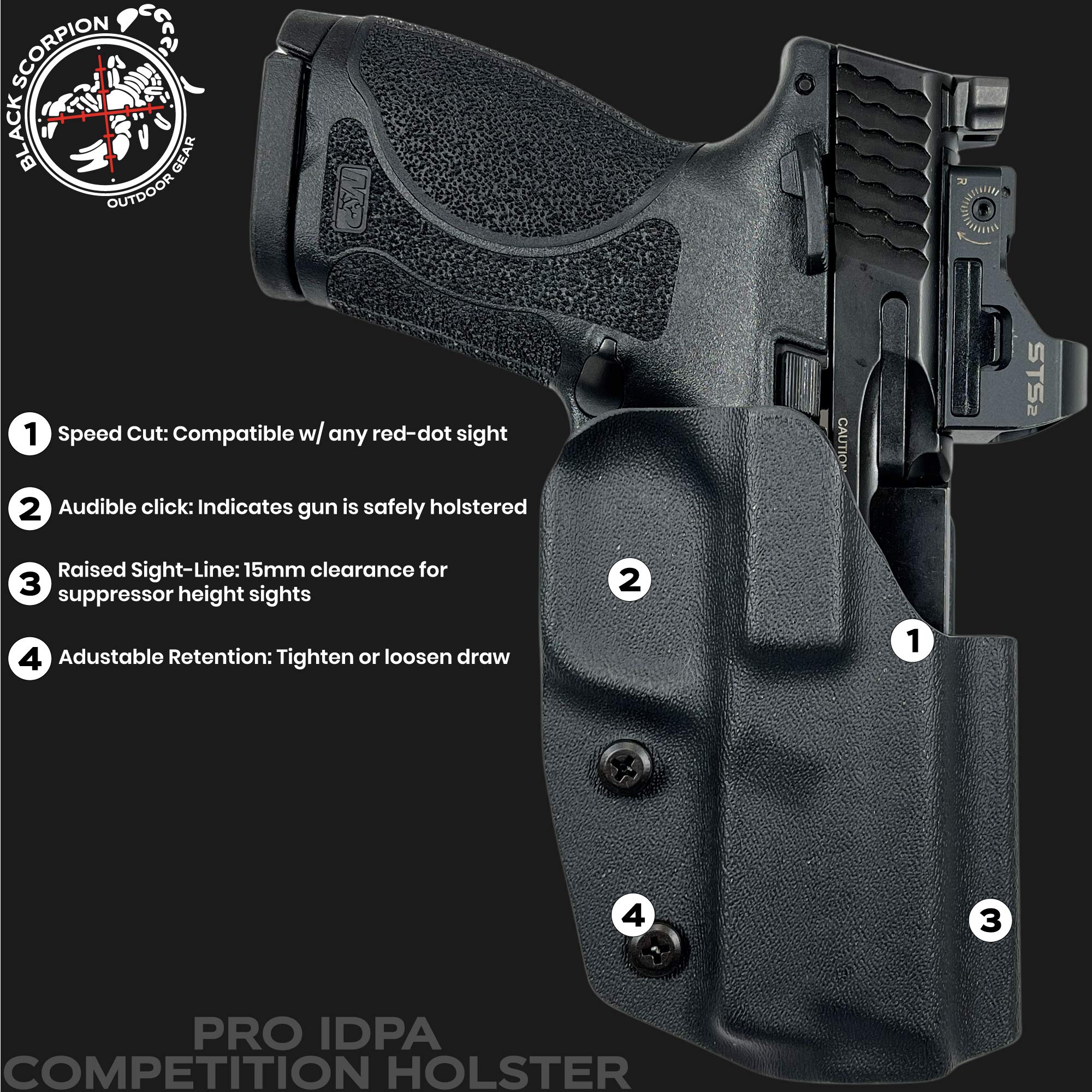 Black Scorpion Outdoor Gear OWB Kydex Pro IDPA Competition Holster fits Smith & Wesson M&P9, M&P40 M2.0 5 in (Black)