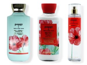 bath & body works poppy 3-piece bundle 8oz body lotion, 10oz shower gel and 8oz fine fragrance mist