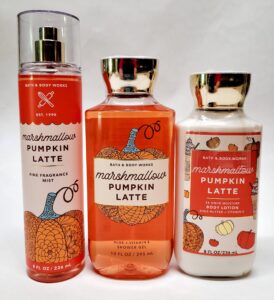 bath & body works marshmallow pumpkin latte 3 pc bundle shower gel, fine fragrance mist and super smooth body lotion