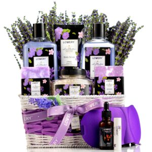 birthday gift basket, lavender & lilac spa gift basket for women & men - handmade soap, potpourri, bath bomb, jojoba oil, organic lip balm & more - stress relief set, bath & body self care package