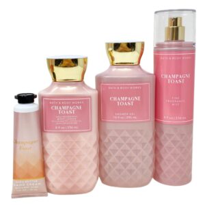 bath and body works champagne toast gift bag set - body lotion - shower gel and fine fragrance mist plus a shea butter hand cream arranged inside a transparent gift bag