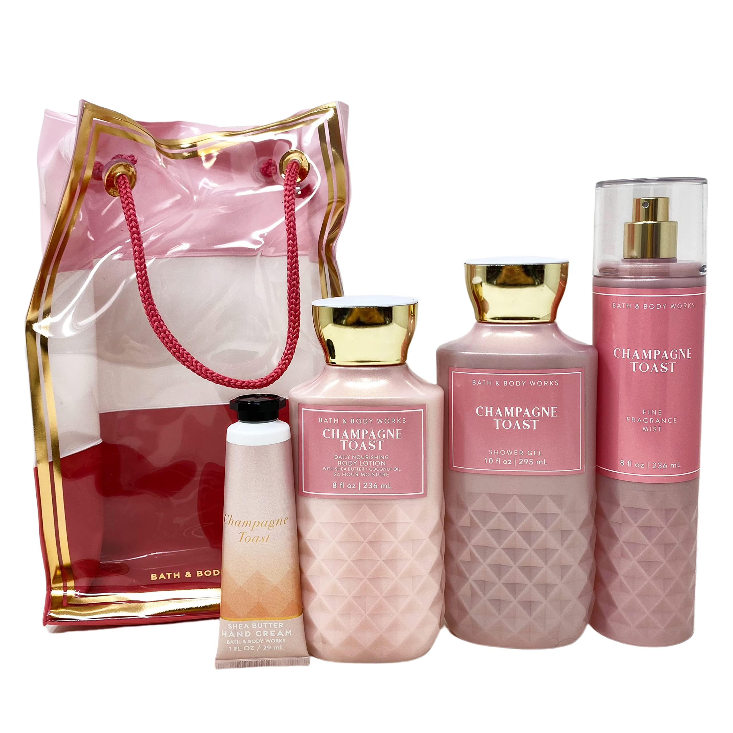 Bath and Body Works CHAMPAGNE TOAST Gift Bag Set - Body lotion - Shower Gel and Fine Fragrance Mist Plus a Shea Butter Hand Cream arranged inside a transparent gift bag