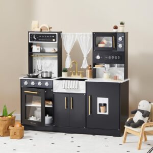 tiny land play kitchen for kids, wooden play kitchen sets for girls and boys, new modern toddler kitchen toy kitchen designed in trendy home style, gift for ages 3+