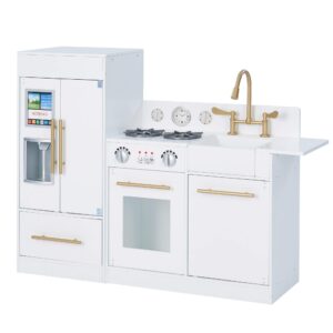 teamson kids little chef charlotte modern modular interactive wooden play kitchen with refrigerator, stove and sink in white with gold finishes