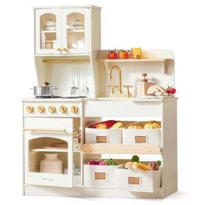 tiny land play kitchen for kids, wooden play kitchen with toy storage system, toy kitchen set with plenty of play features, kids play kitchen designed, gift for ages 3+