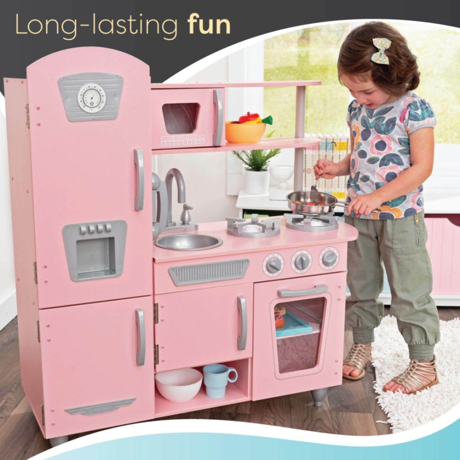 KidKraft Vintage Wooden Play Kitchen with Pretend Ice Maker and Play Phone, Pink