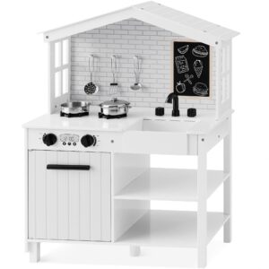 best choice products farmhouse play kitchen toy, wooden pretend set for kids w/chalkboard, marble backdrop, windows, storage shelves, 5 accessories included - white