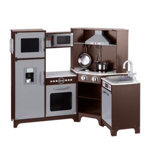 amazon basics kids corner wooden kitchen toy playset with stove, oven, sink, fridge and accessories, for toddlers, preschoolers, children age 3+ years, espresso/gray, 39.37"l x 28.35"w x 35.04"h