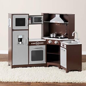 Amazon Basics Kids Corner Wooden Kitchen Toy Playset with Stove, Oven, Sink, Fridge and Accessories, for Toddlers, Preschoolers, Children Age 3+ Years, Espresso/Gray, 39.37"L x 28.35"W x 35.04"H