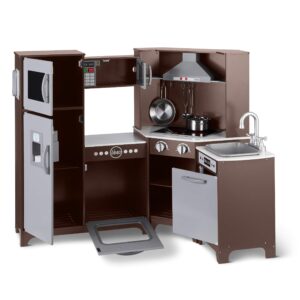 Amazon Basics Kids Corner Wooden Kitchen Toy Playset with Stove, Oven, Sink, Fridge and Accessories, for Toddlers, Preschoolers, Children Age 3+ Years, Espresso/Gray, 39.37"L x 28.35"W x 35.04"H