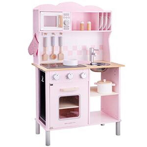 new classic toys wooden pretend toy kitchen for kids role play included accessoires pink colored - makes sound