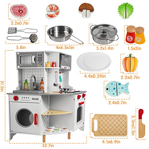 WOODMAM Wooden Kitchen Set for Kids, Corner Play Kitchen with Realistic Lights Sounds, Battery Operated Faucet Burner Range Hood Pot Pan Food, Toy Gift for Boys Girls Age 3+