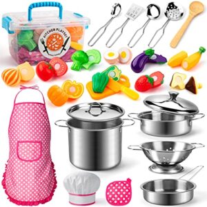 tigerhu 26pcs play kitchen accessories, kitchen pretend play cooking toys w/ stainless steel cookware, apron & chef hat,pots and pans set, cutting foods, great learning gifts for toddler & boys girls