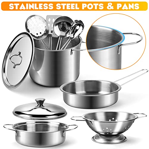 Tigerhu 26PCS Play Kitchen Accessories, Kitchen Pretend Play Cooking Toys w/ Stainless Steel Cookware, Apron & Chef Hat,Pots and Pans Set, Cutting Foods, Great Learning Gifts for Toddler & Boys Girls