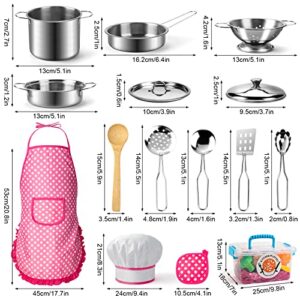 Tigerhu 26PCS Play Kitchen Accessories, Kitchen Pretend Play Cooking Toys w/ Stainless Steel Cookware, Apron & Chef Hat,Pots and Pans Set, Cutting Foods, Great Learning Gifts for Toddler & Boys Girls