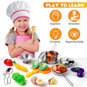 Tigerhu 26PCS Play Kitchen Accessories, Kitchen Pretend Play Cooking Toys w/ Stainless Steel Cookware, Apron & Chef Hat,Pots and Pans Set, Cutting Foods, Great Learning Gifts for Toddler & Boys Girls