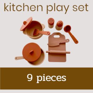 Educational kids kitchen silicone pretned toys 9 pcs, play kitchen accesories set with cookware,utensils,pots, seasoning bottles for Children, role play kitchen toy -safe and easy clean